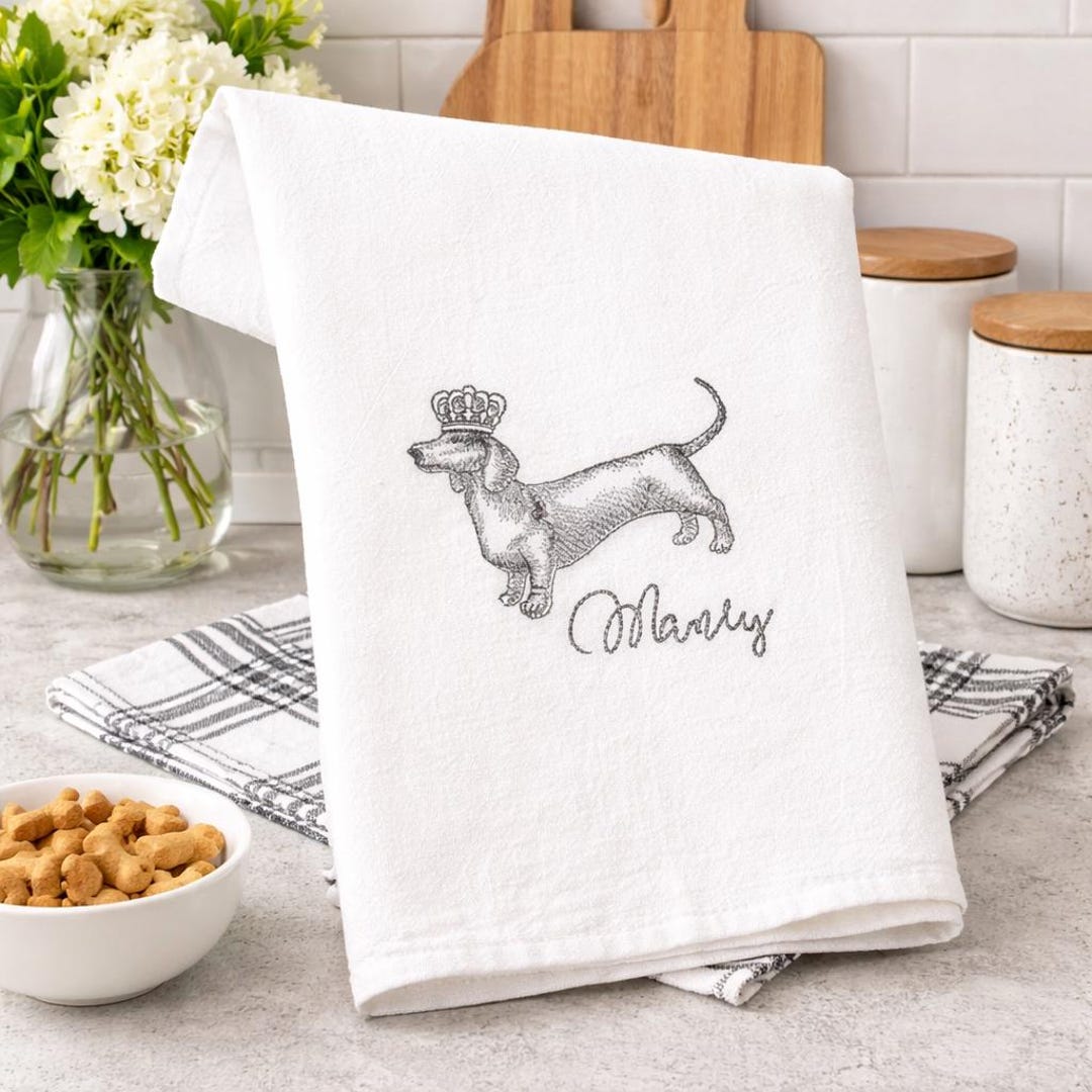Personalized Dachshund Wearing Crown Flour Sack Dish Towel Embroidered ...