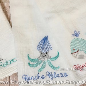 Monogrammed Sea Life Kitchen Dish Cloth Towel / Whale Fish Squid Beach ...