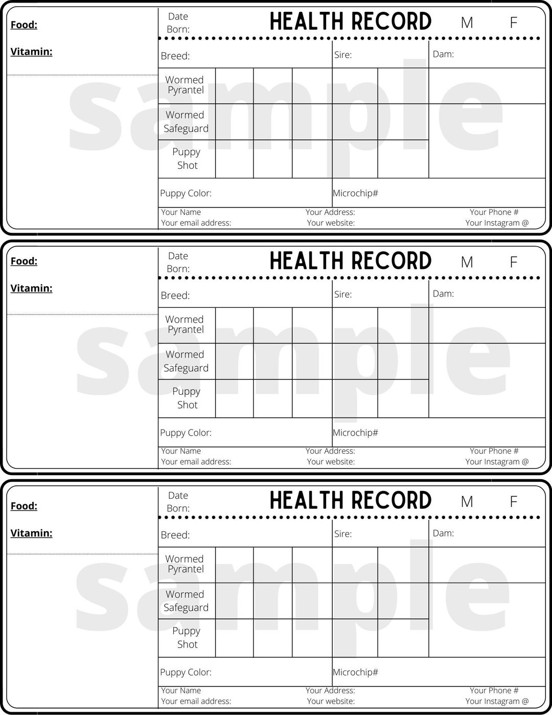 Puppy Health Shot Record Simple Blank INSTANT Printable for Dog ...
