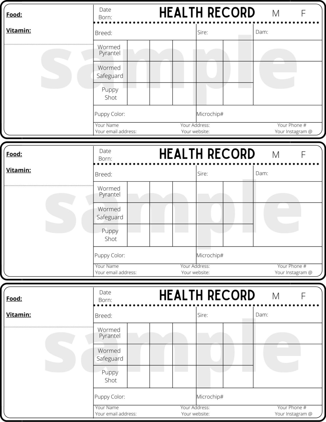 Puppy Health Shot Record Simple Blank INSTANT Printable for Dog ...
