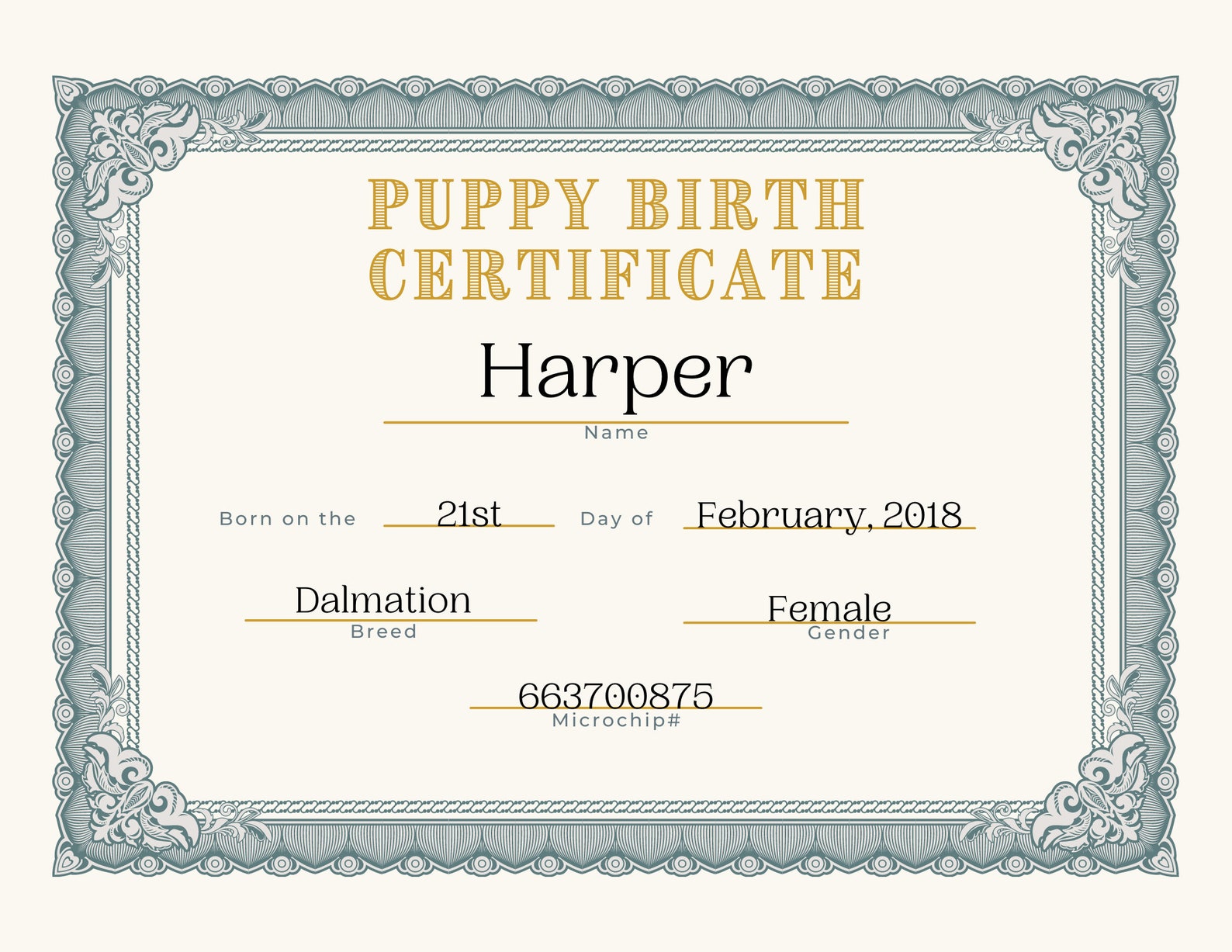 Printable Puppy Birth Certificate