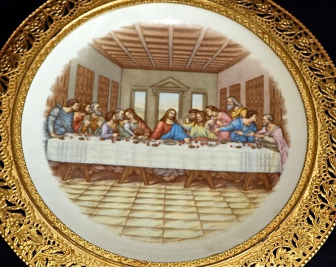 Vintage the Last Supper Porcelain Plate Filigree Brass Gold Ornate ...