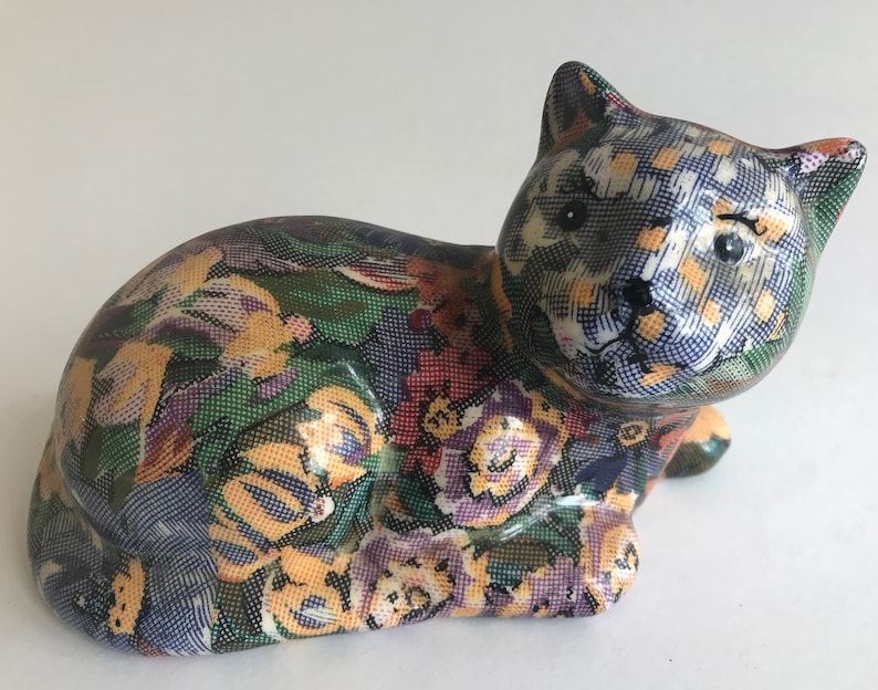 Decoupage CAT Hand Crafted Hand Made Floral Pattern Blue Yellow ...