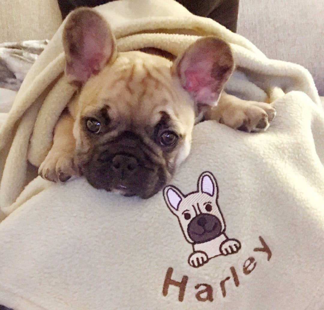 FRENCH BULLDOG Fleece Blanket, Embroidered Dog Blanket, Personalised ...