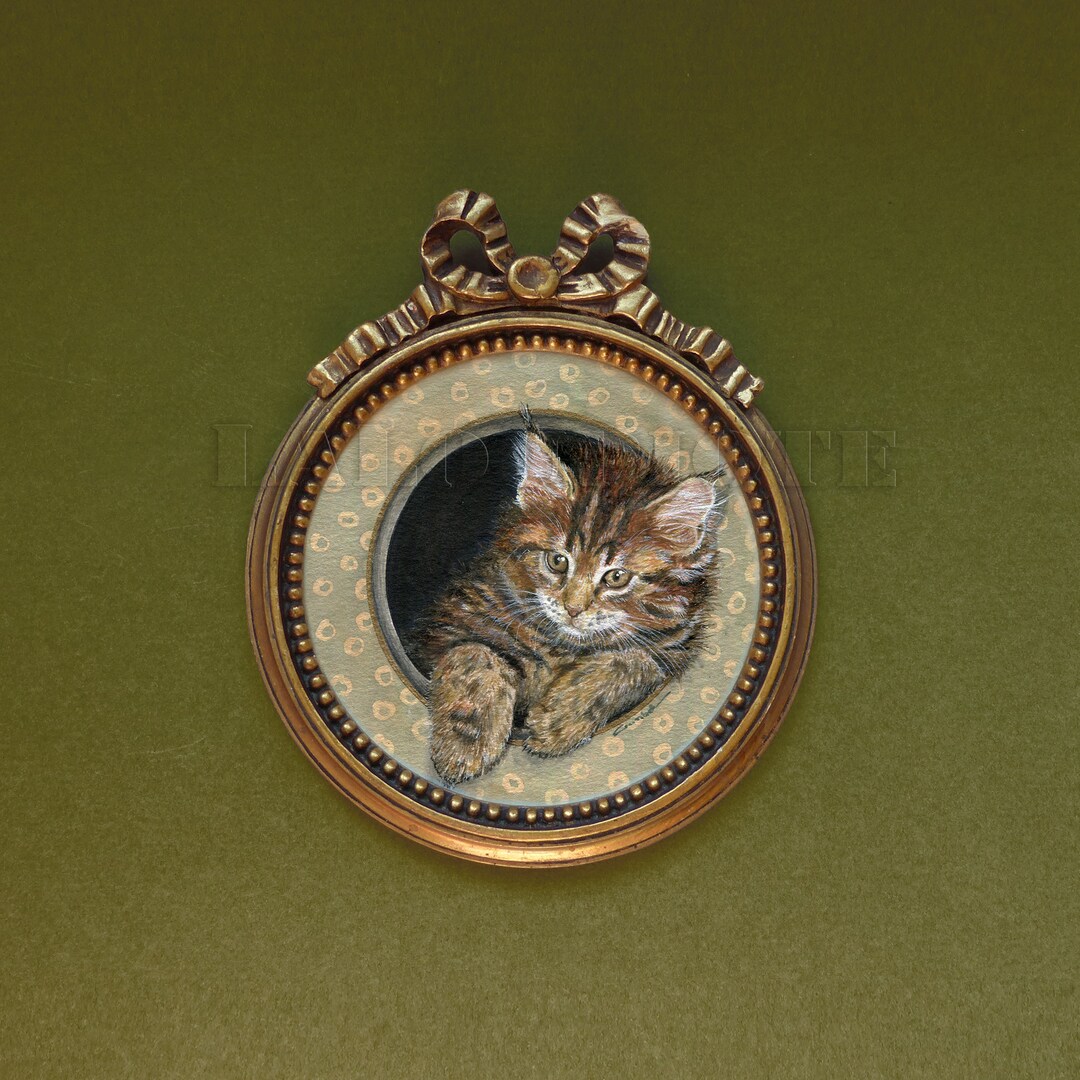 Cat Art Original Watercolor Painting Framed in a Antique Gilt Wooden ...
