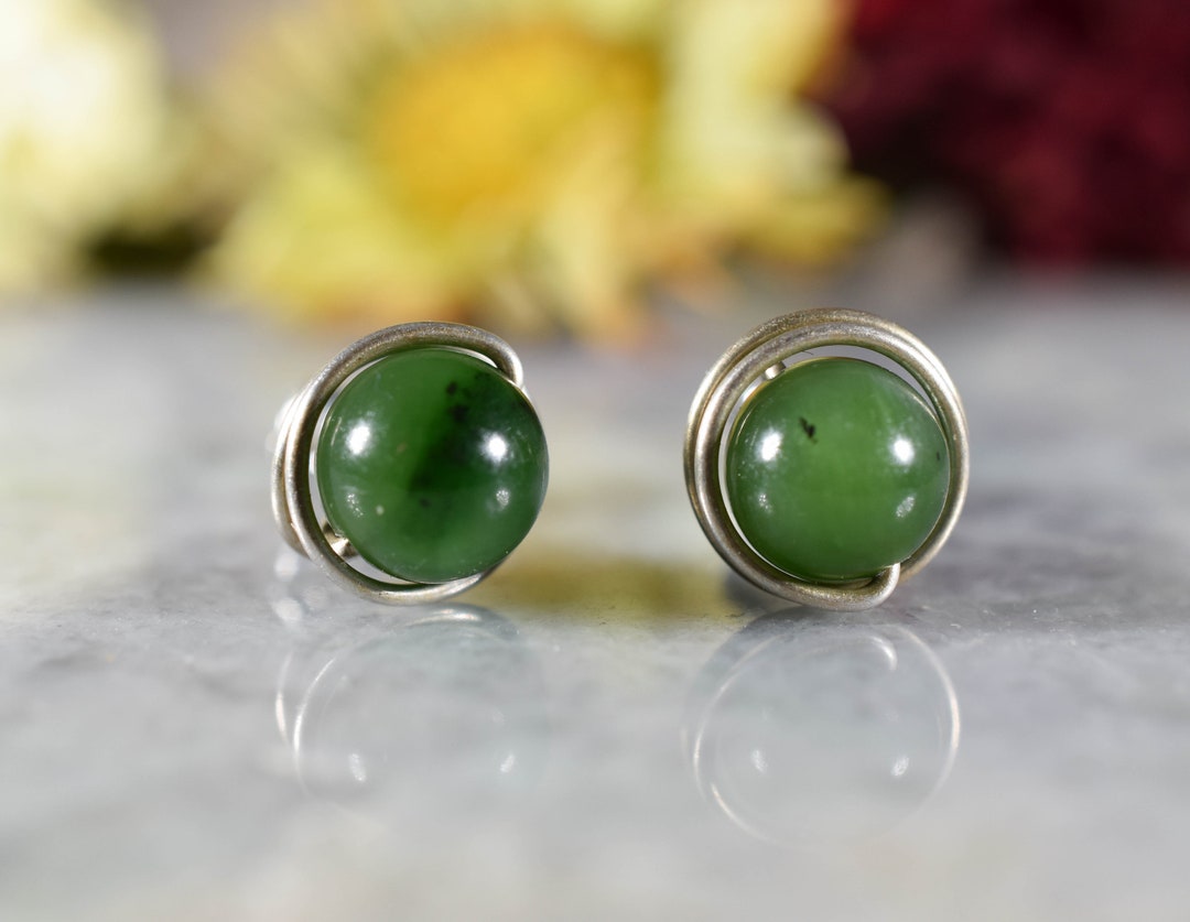 Jade Sterling Silver Post Earrings With Jade Bead 8mm Jade Post ...