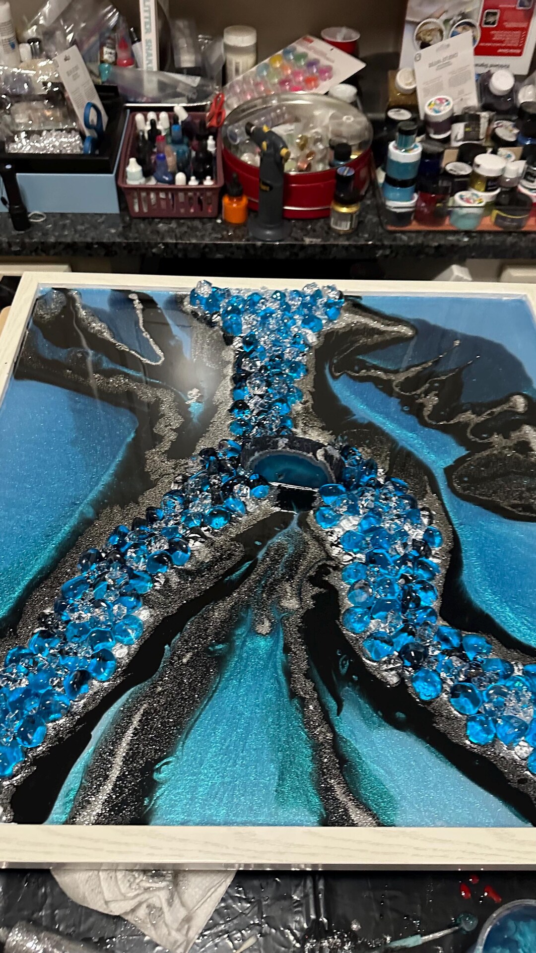 Resin Wall Art With Geode Center - Blue & Black Abstract Design With ...