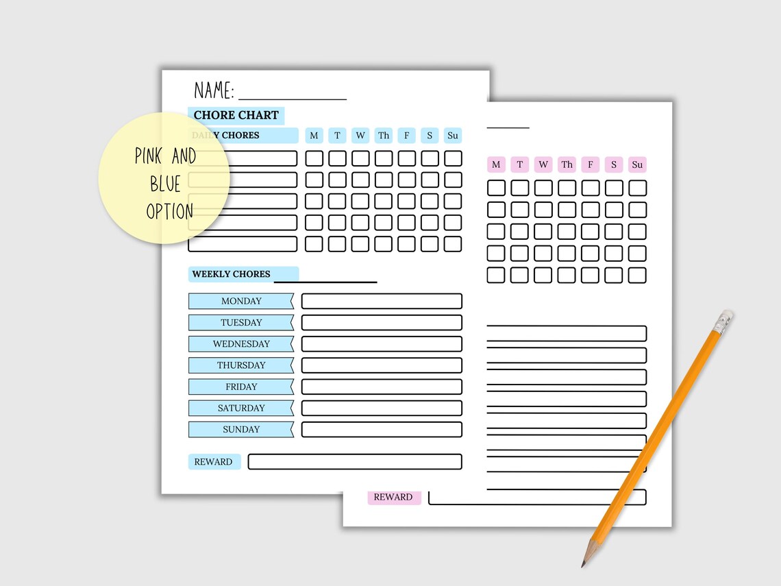 Printable Kids Chore Chart - Printable Chore Chart - Blue and Pink ...