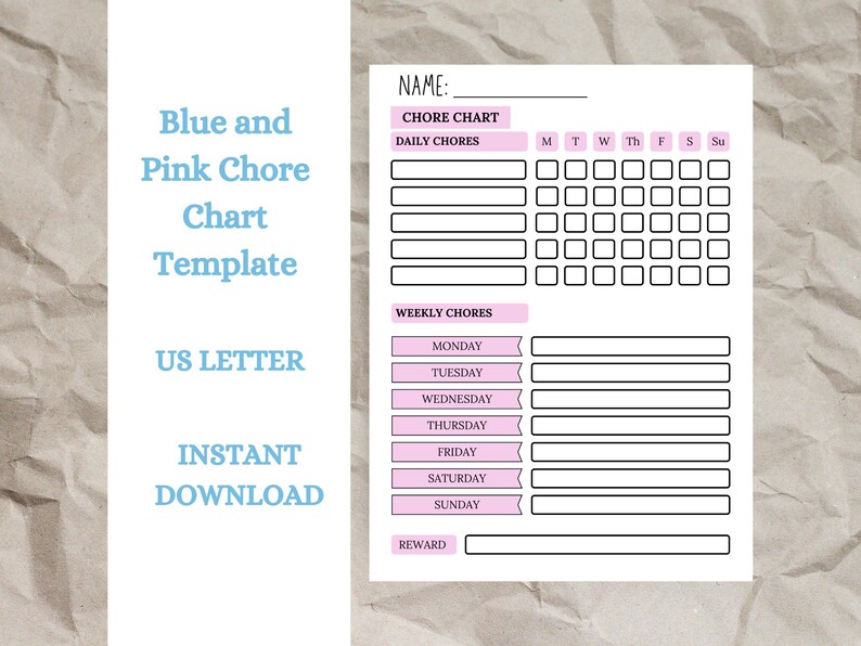 Printable Kids Chore Chart - Printable Chore Chart - Blue and Pink ...