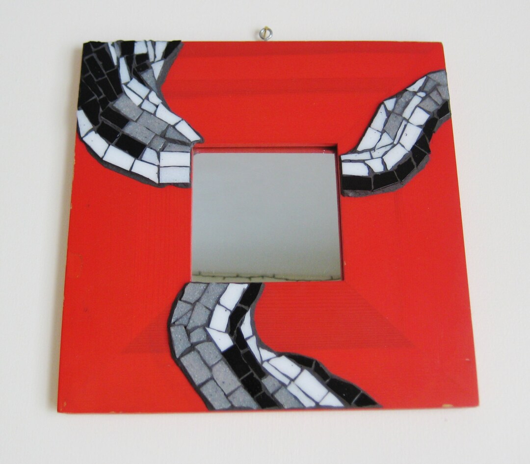 10 Inch Red Square Mirror With Black and White Tile Mosaic. Handmade ...