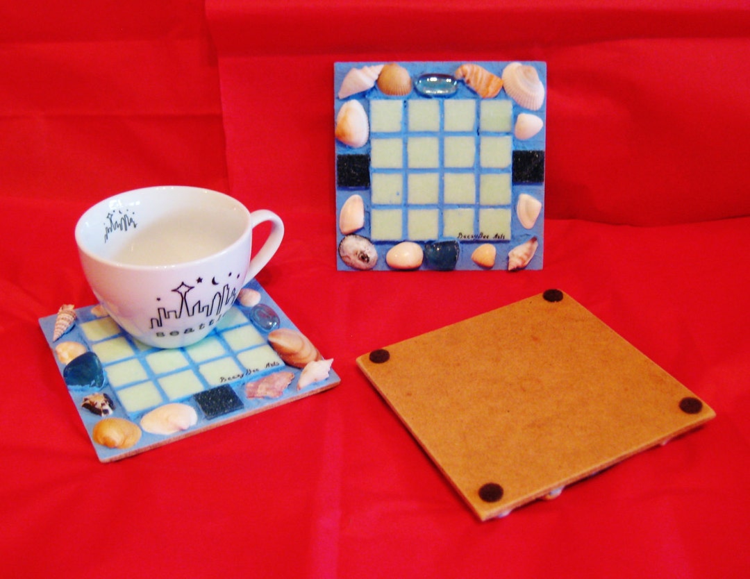 3 Blue Aquatic Coasters With Seashells and White Tiles Handmade Marine ...