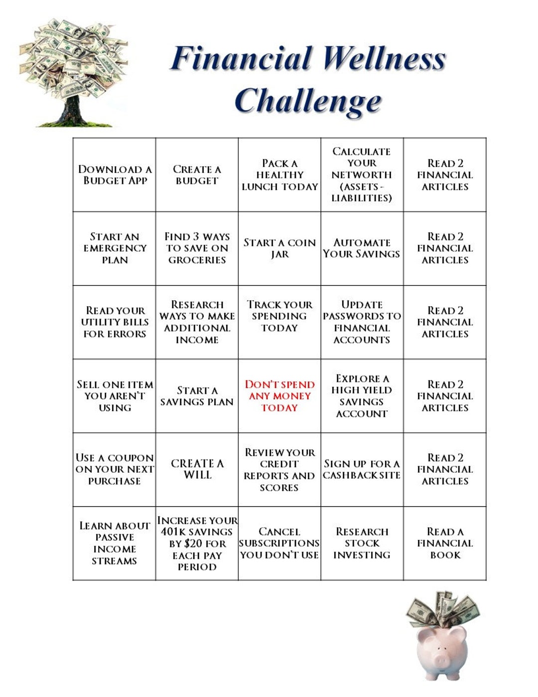 Financial Wellness Checklist & Challenge - Etsy