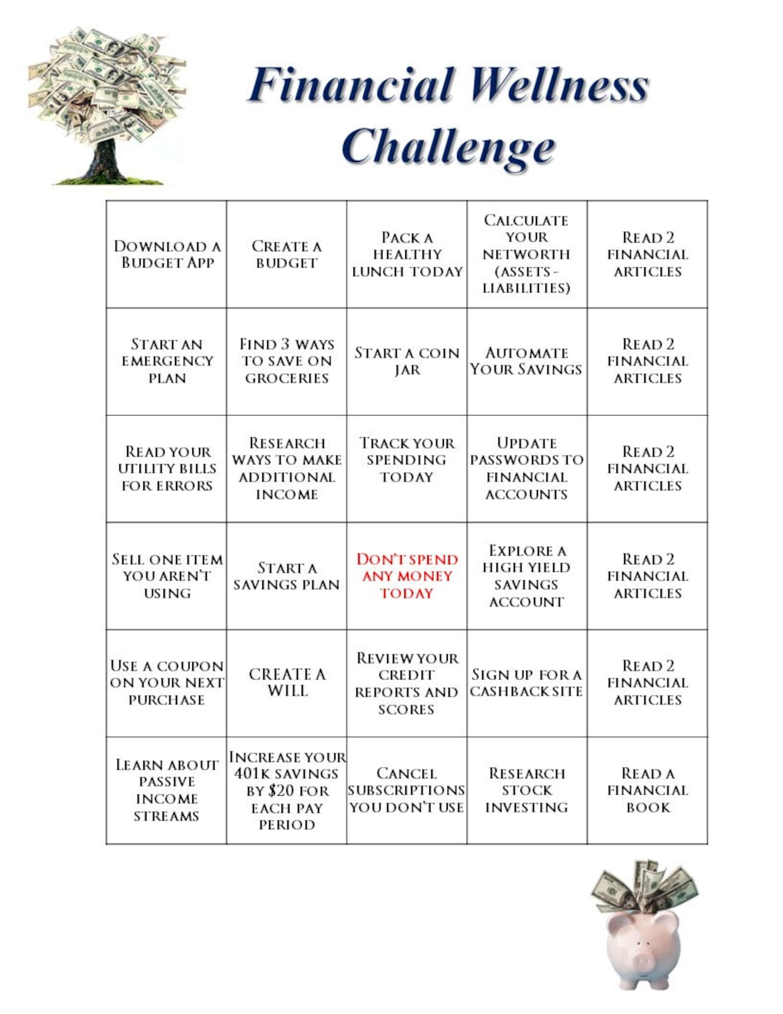 Financial Wellness Checklist & Challenge - Etsy