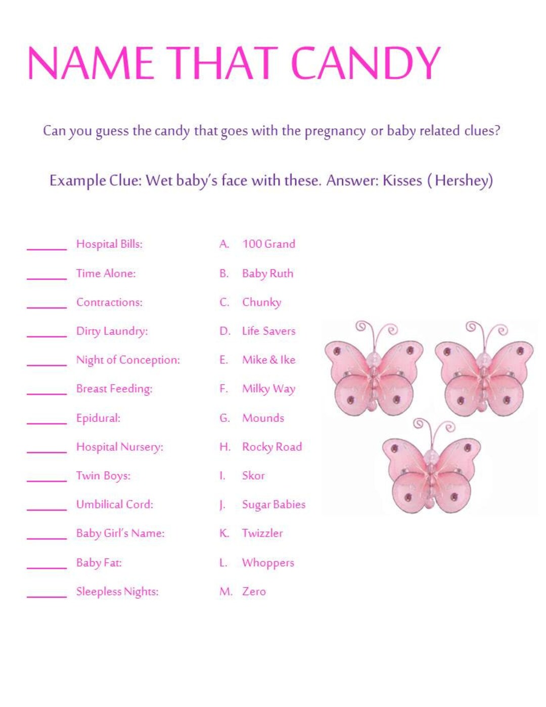 Name That Candy Baby Shower Game (pink Butterflies Theme) - Etsy