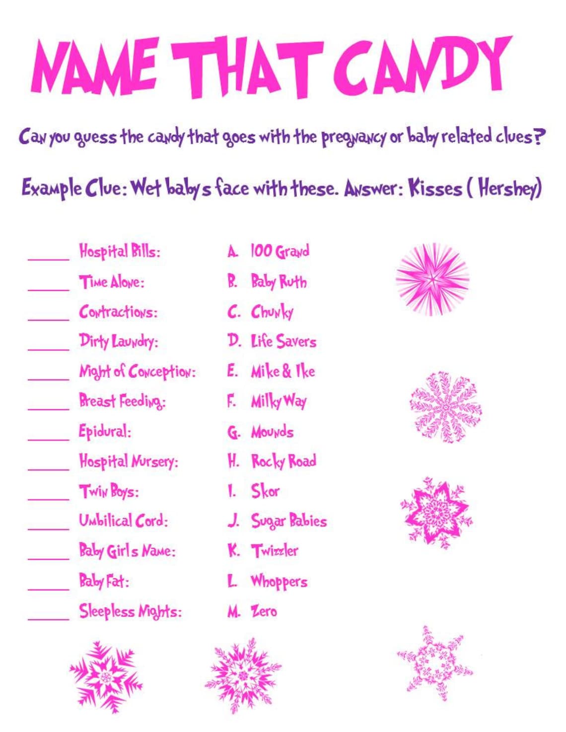 Pink Snowflakes: Name That Candy Game - Etsy