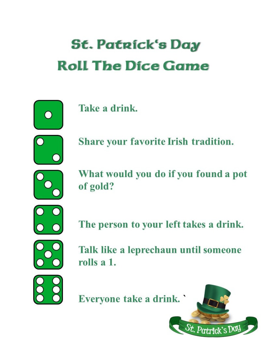 St. Patrick's Day Roll the Dice Game - Etsy