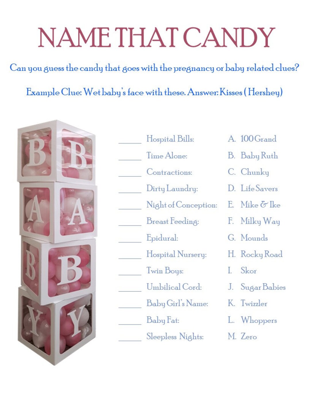 Baby Shower Game: Name That Candy Pink Block Themed - Etsy