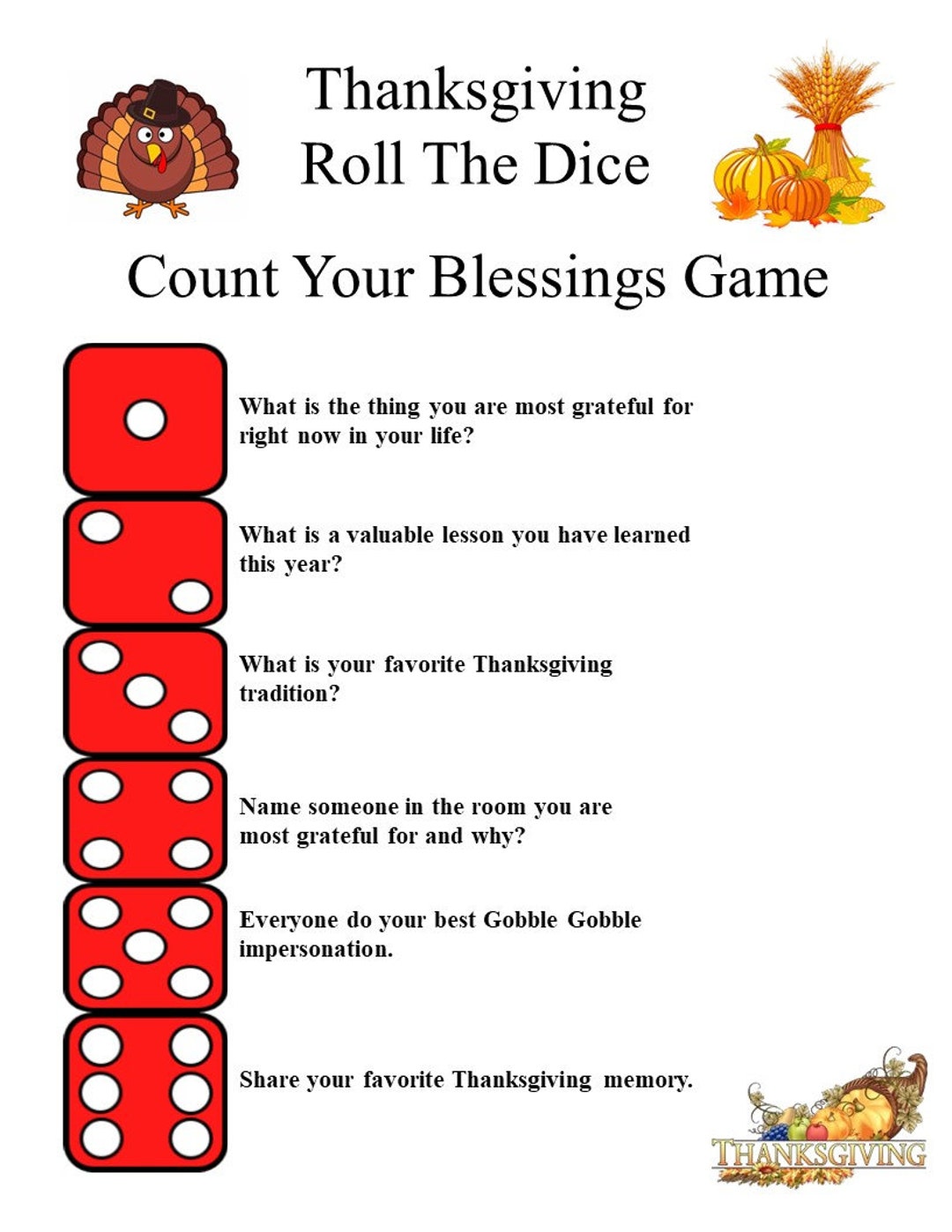 Thanksgiving Count Your Blessing Roll Dice Game - Etsy