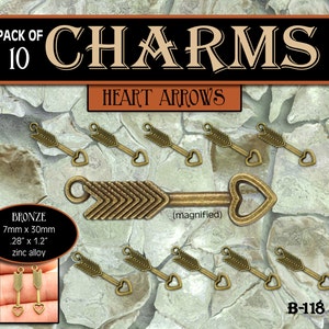 CHARMS - Heart Arrow Bronze - Pack of 10 Charms. DIY Love Jewelry ...