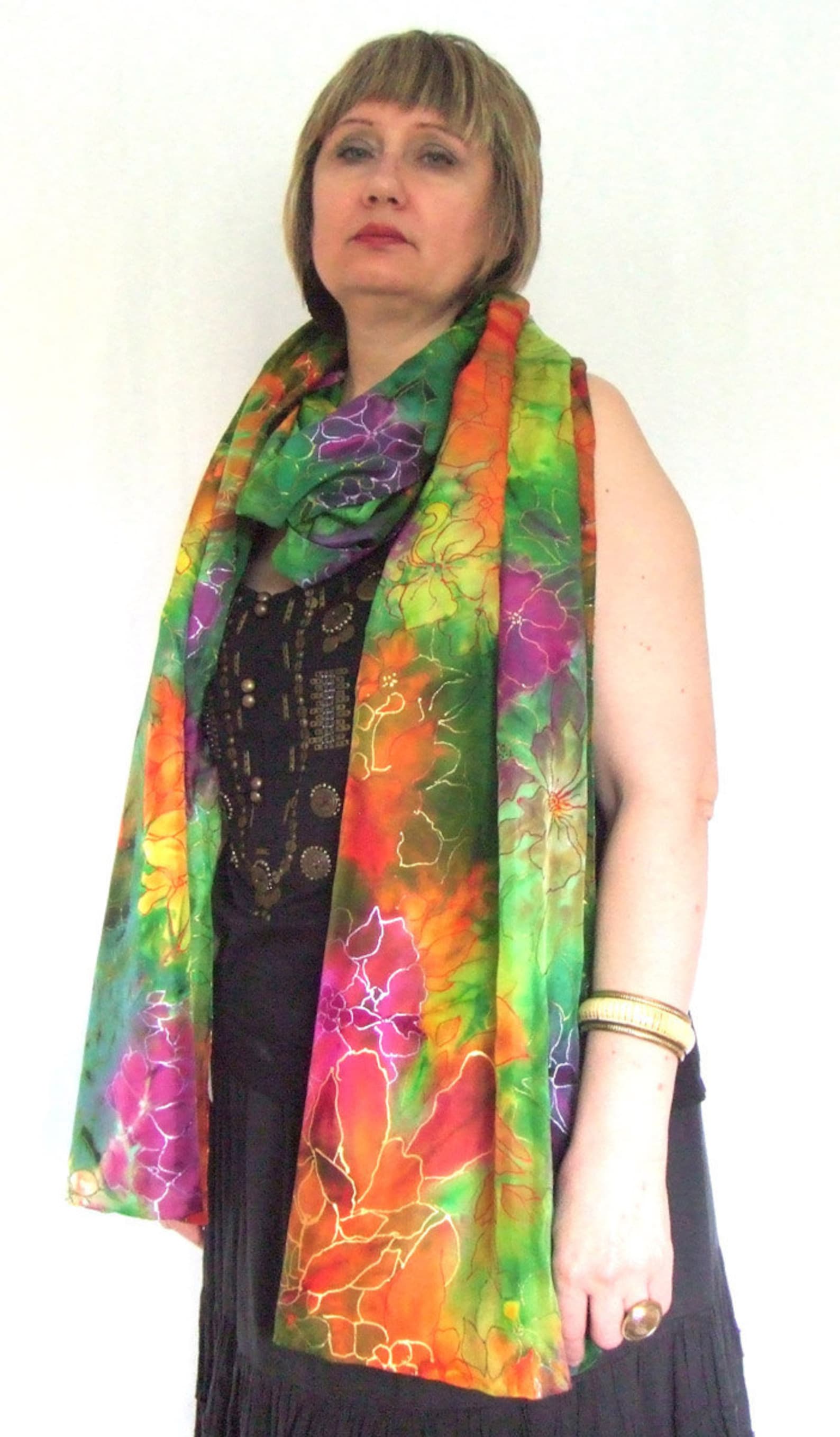 Very Long Scarf Hand Painted Silk Shawl Wrap Hijab Dupatta 21" X 102 ...