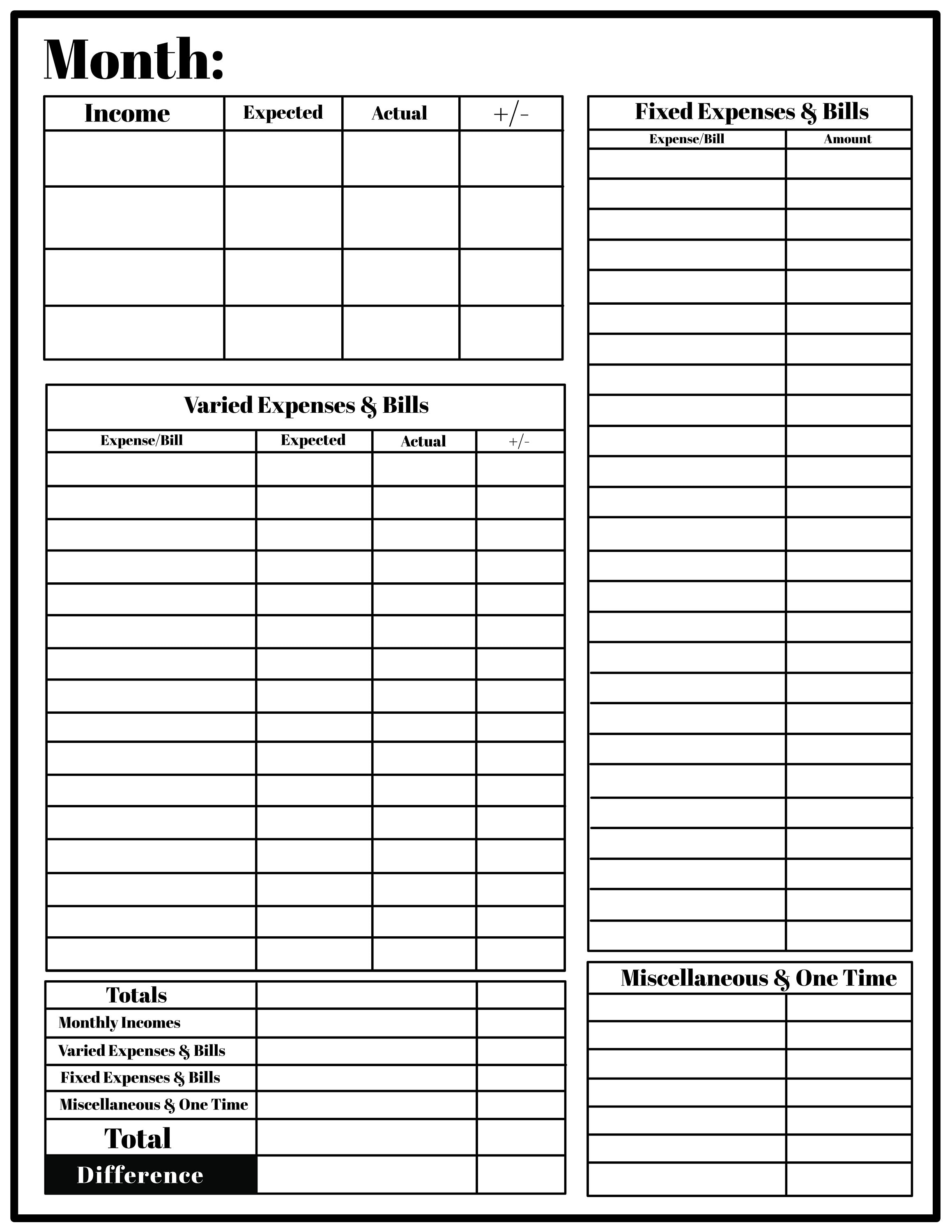 MONTHLY BUDGET CHART - Black & White, Simple Chart for Financial ...
