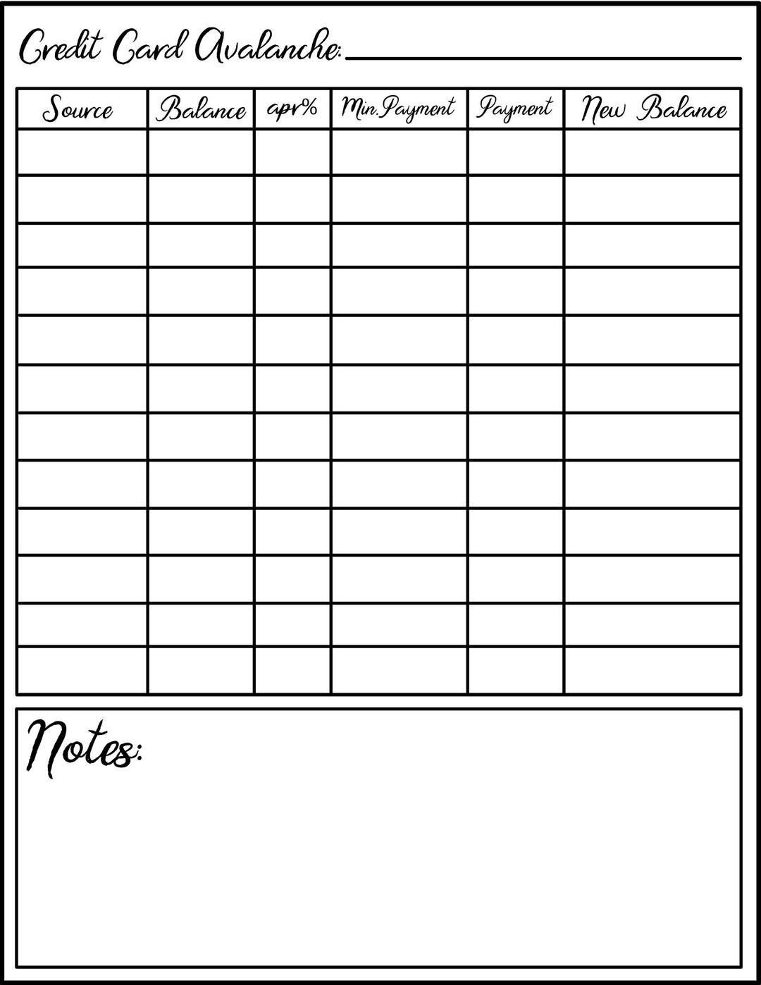 AVALANCHE DEBT METHOD Chart - Black & White, Simple Chart for the ...
