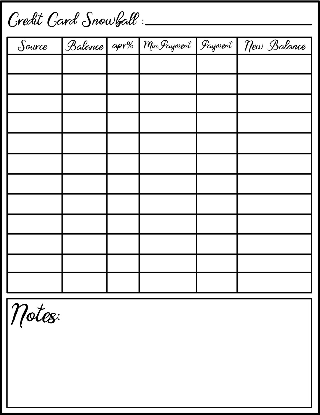 SNOWBALL DEBT METHOD Calculator Chart - Black & White, Simple Snowball ...