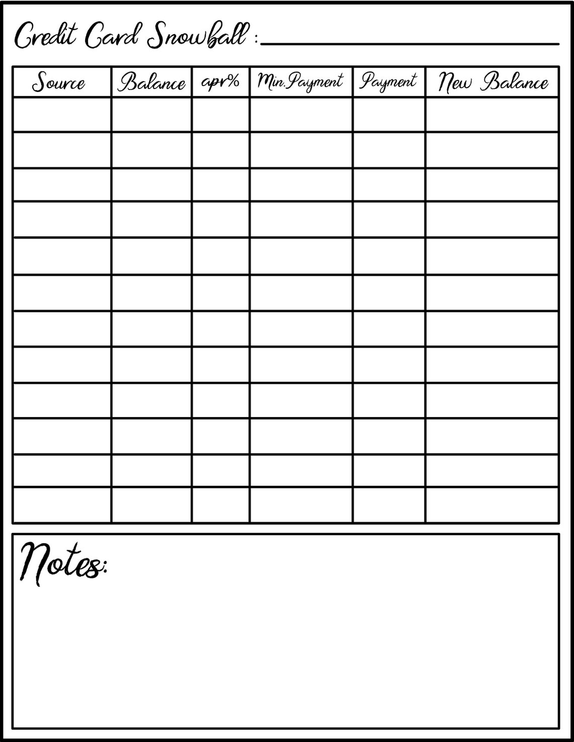 SNOWBALL DEBT METHOD Calculator Chart - Black & White, Simple Snowball ...