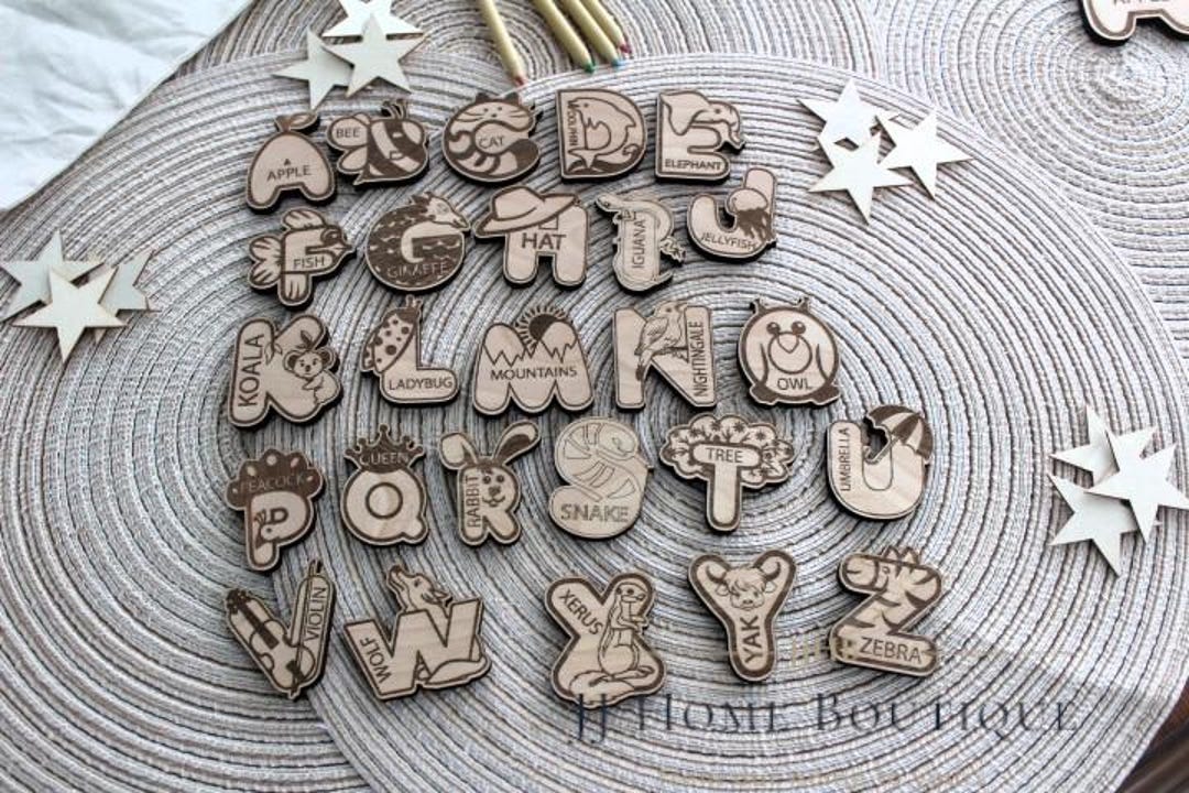 Wooden Animal Alphabet Letters , Handmade Engraved ABC Set With ...