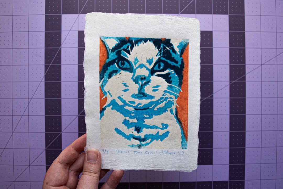 Basic Tom Cat- Linoleum Block Print on Handmade Paper - Etsy
