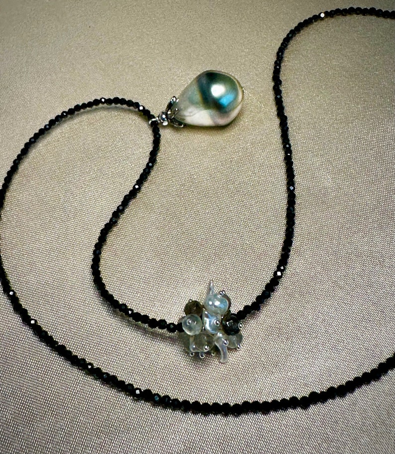 Black Spinel Necklace With Huge Bicolor Tahitian Pearl and Cluster of ...