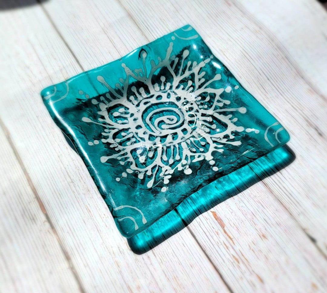 Blue Flower Spoon Rest Blue Glass Square Dish Flower Candle - Etsy