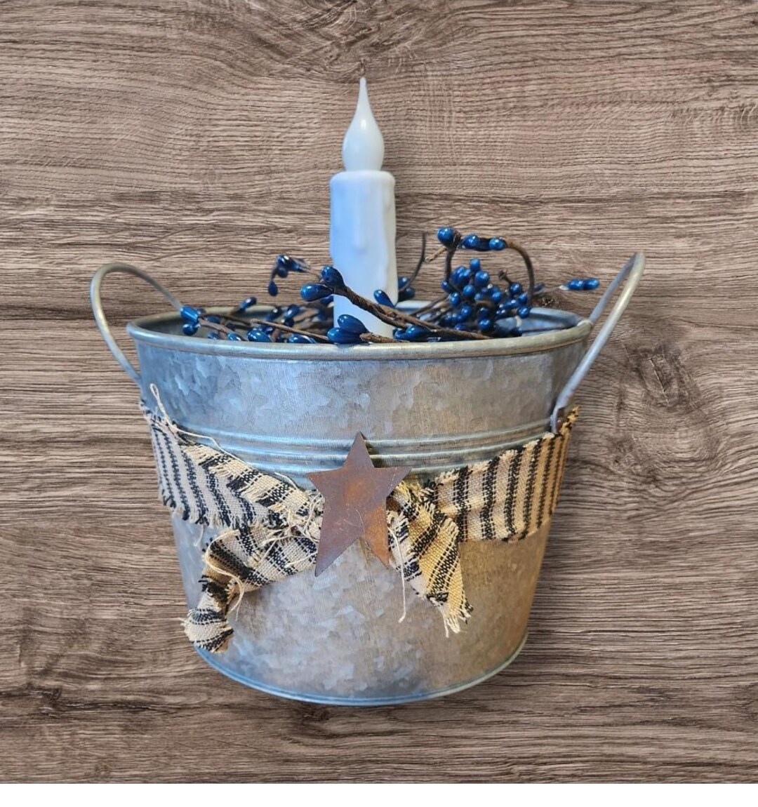 Galvanized Bucket Battery Operated LED Timer Candle Light With Berries ...
