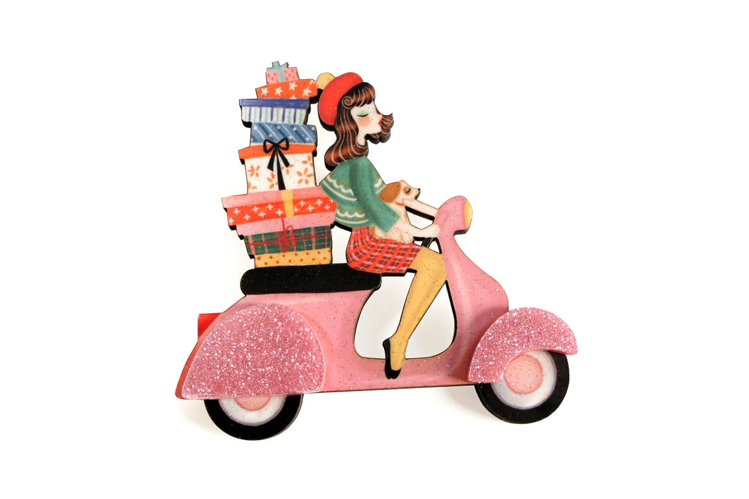 Girl on Scooter With Gifts Brooch - Etsy