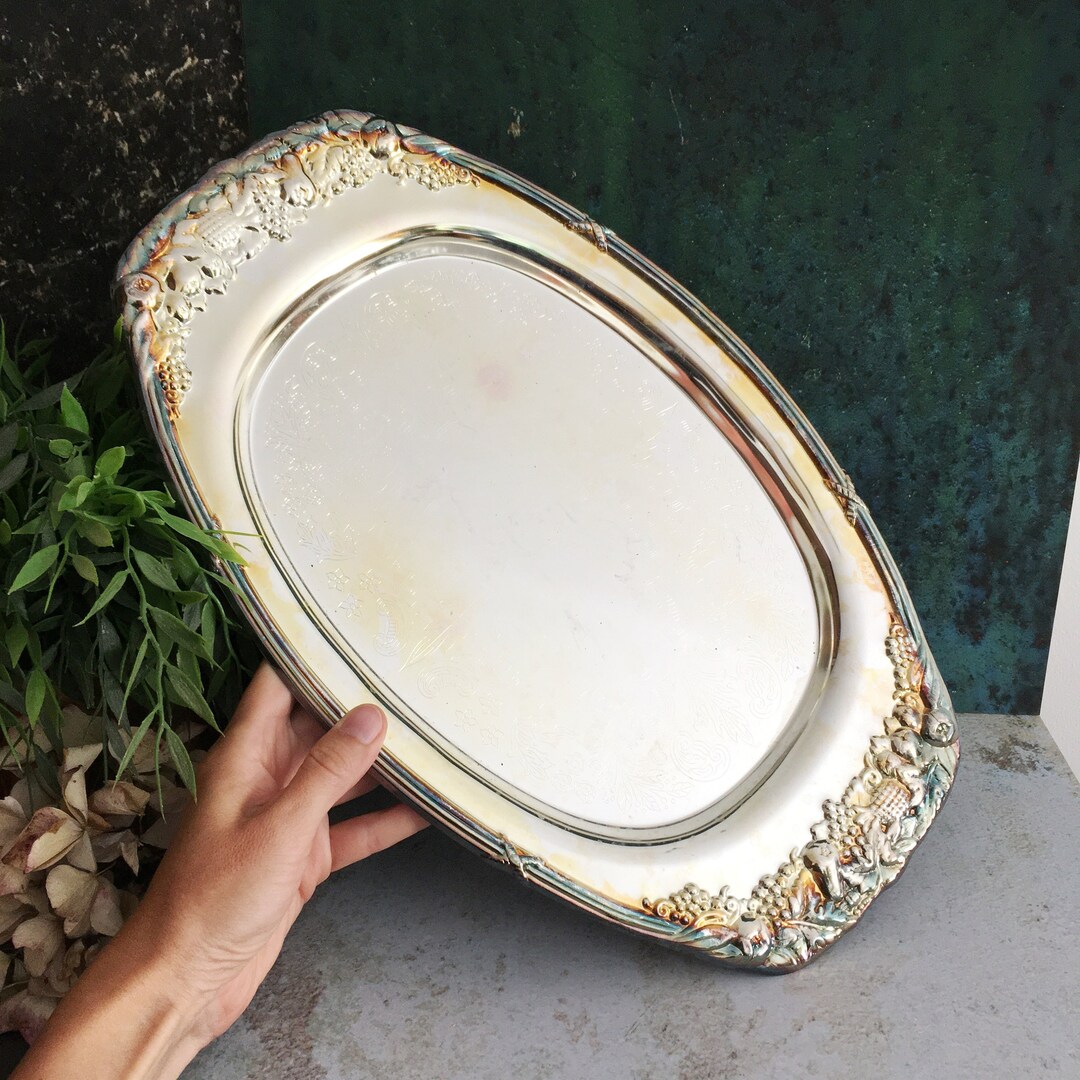 Silver Plated Tray, Vintage Oval Platter, Large Drinks Serving Tray ...
