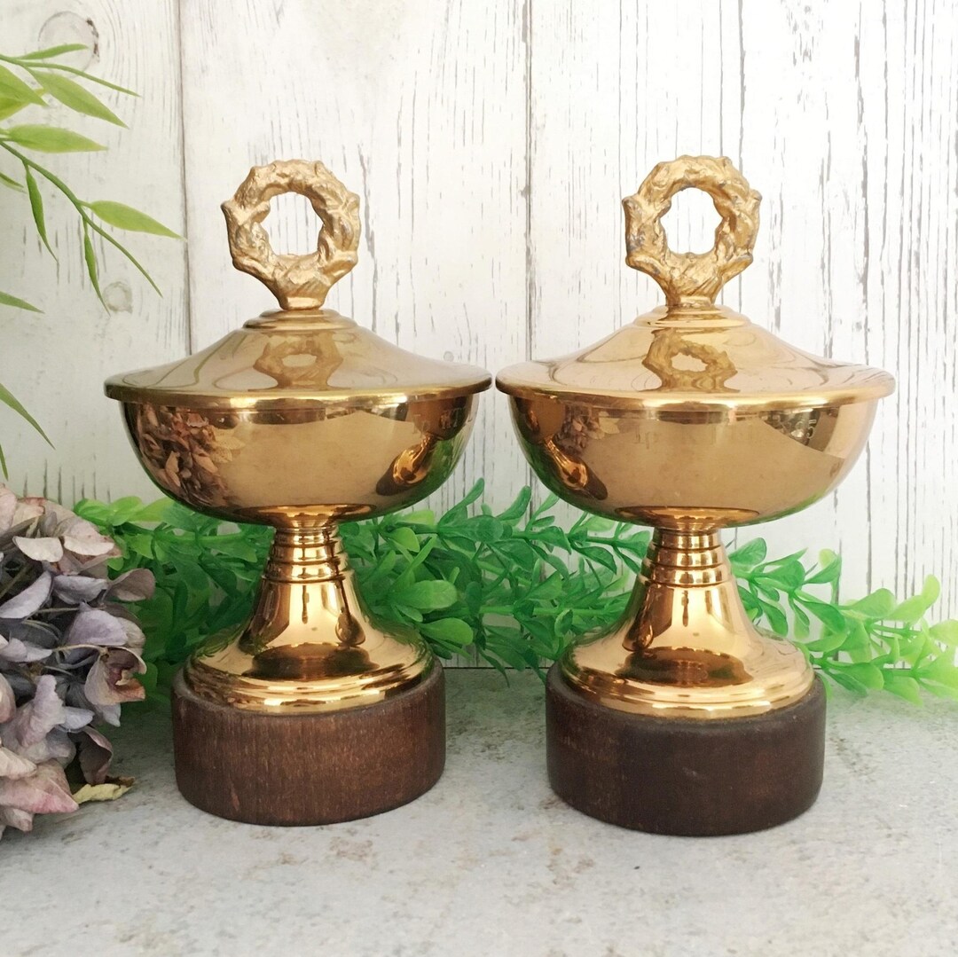Gold Trophies, Pair of Copper Wood Trophy Cups, Vintage Lidded Chalice ...