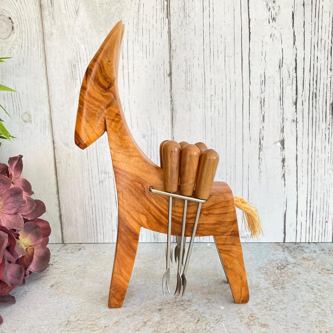 Vintage Appetizer Pick Holder Burro Mule, Hand Carved Olive Wood Donkey ...