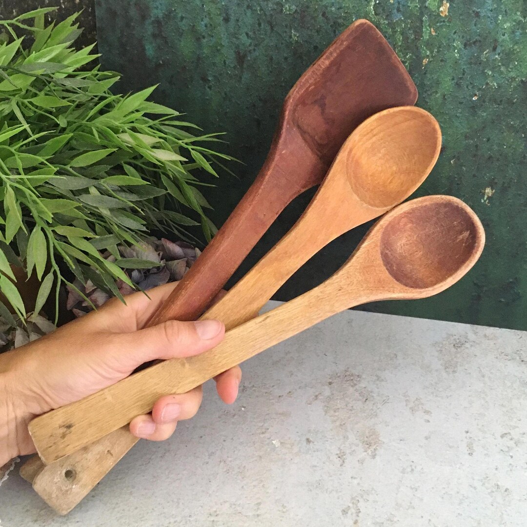 Wooden Cooking Spoons, 3 Antique Treen Primitive Patina Ladles ...