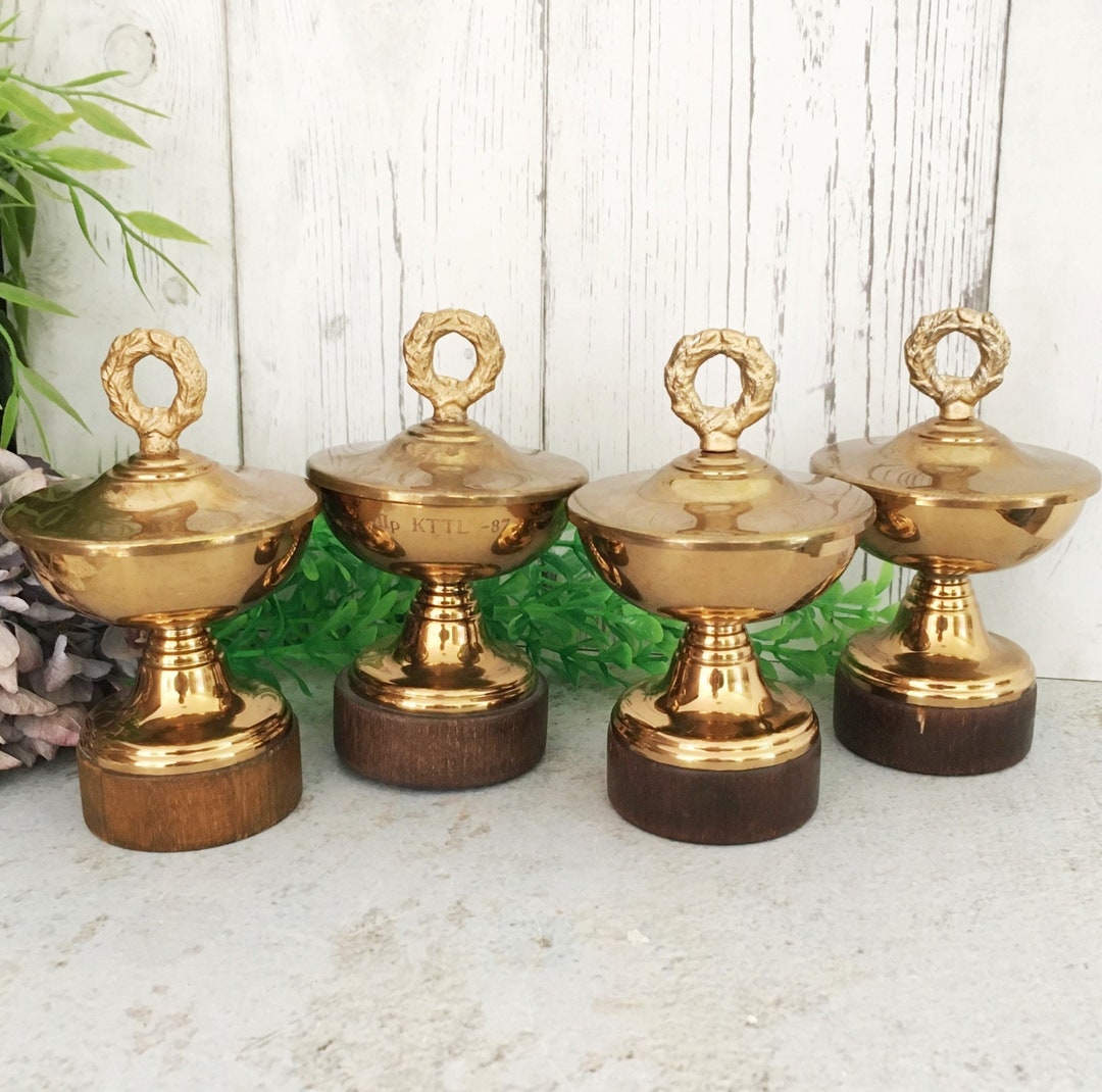 Gold Trophies, 4 Small Wood Copper Trophy Cups, Lidded Chalice, Ornate ...