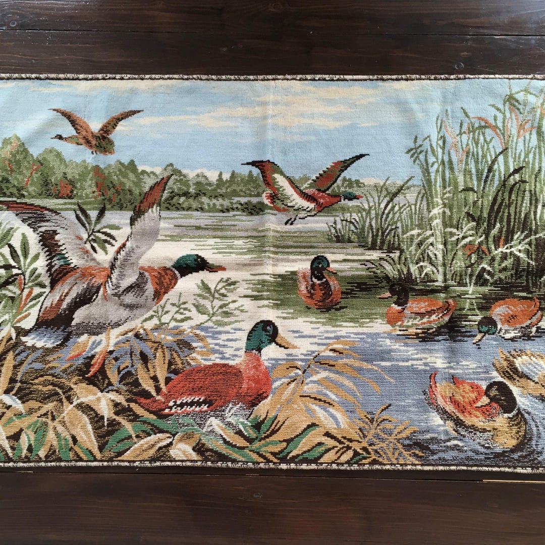 Vintage Velvet Tapestry With Ducks on Lake, Large Retro Wall Rug ...