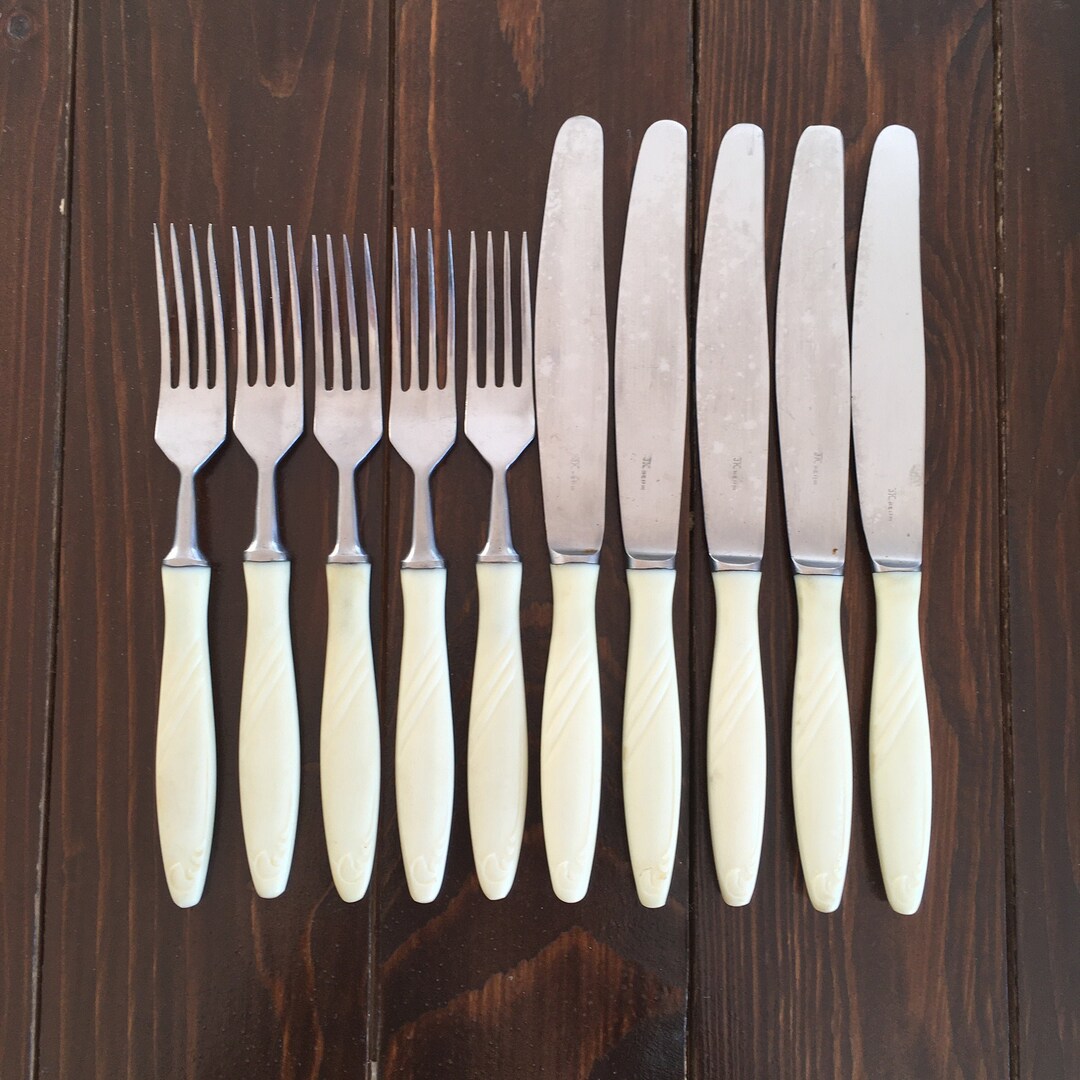 Cutlery Set of 10, Faux Bone, Ivory Bakelite Handles, Vintage Knives ...