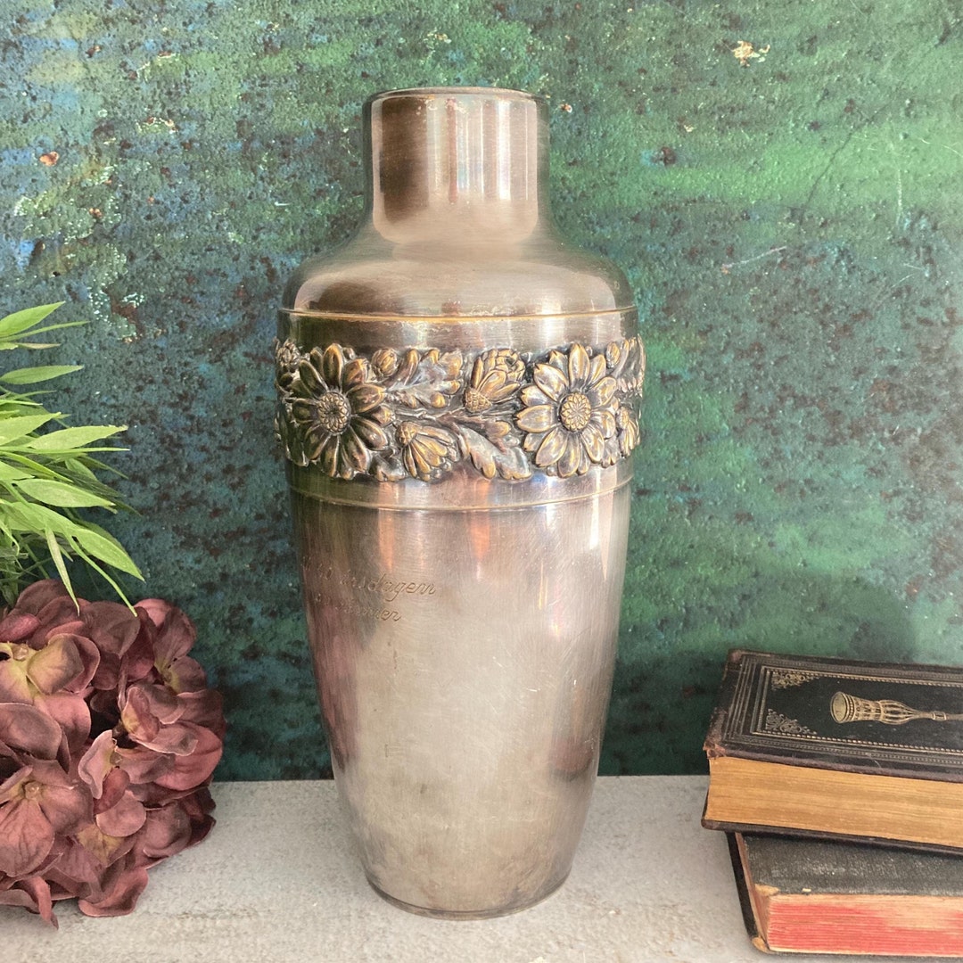 Large Silver Plated Vase, 1920s Art Deco Antique Repousse Flowers ...