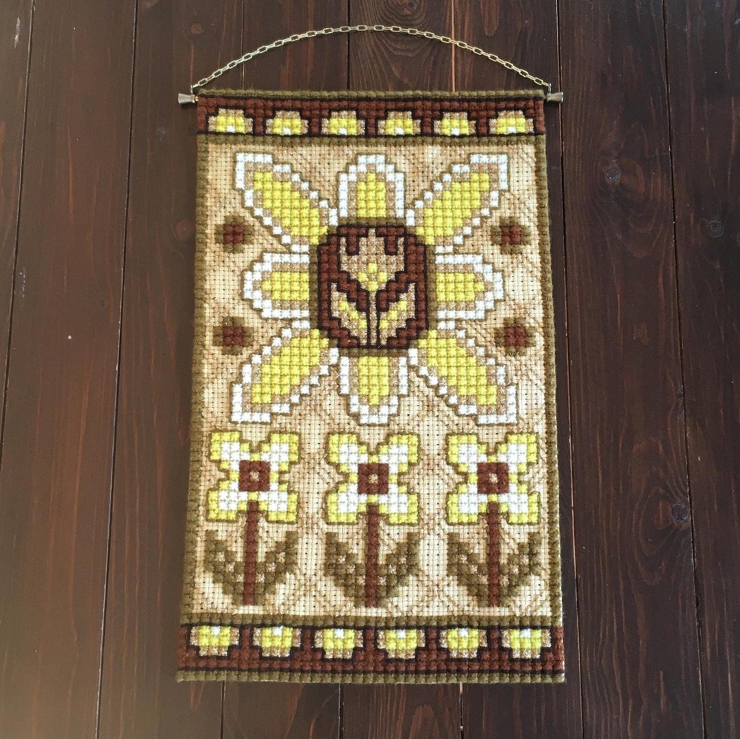 Needlepoint Wall Hanging, Vintage Scandinavian Yellow Flower Cross ...