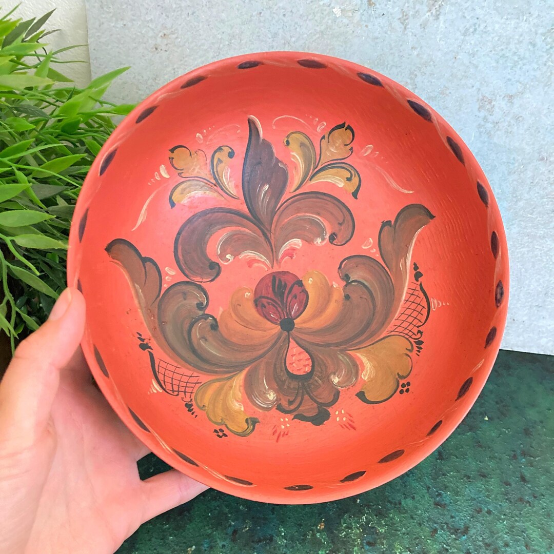 Norwegian Rosemaling Wooden Bowl, Scandinavian Pink Hand Painted Folk ...