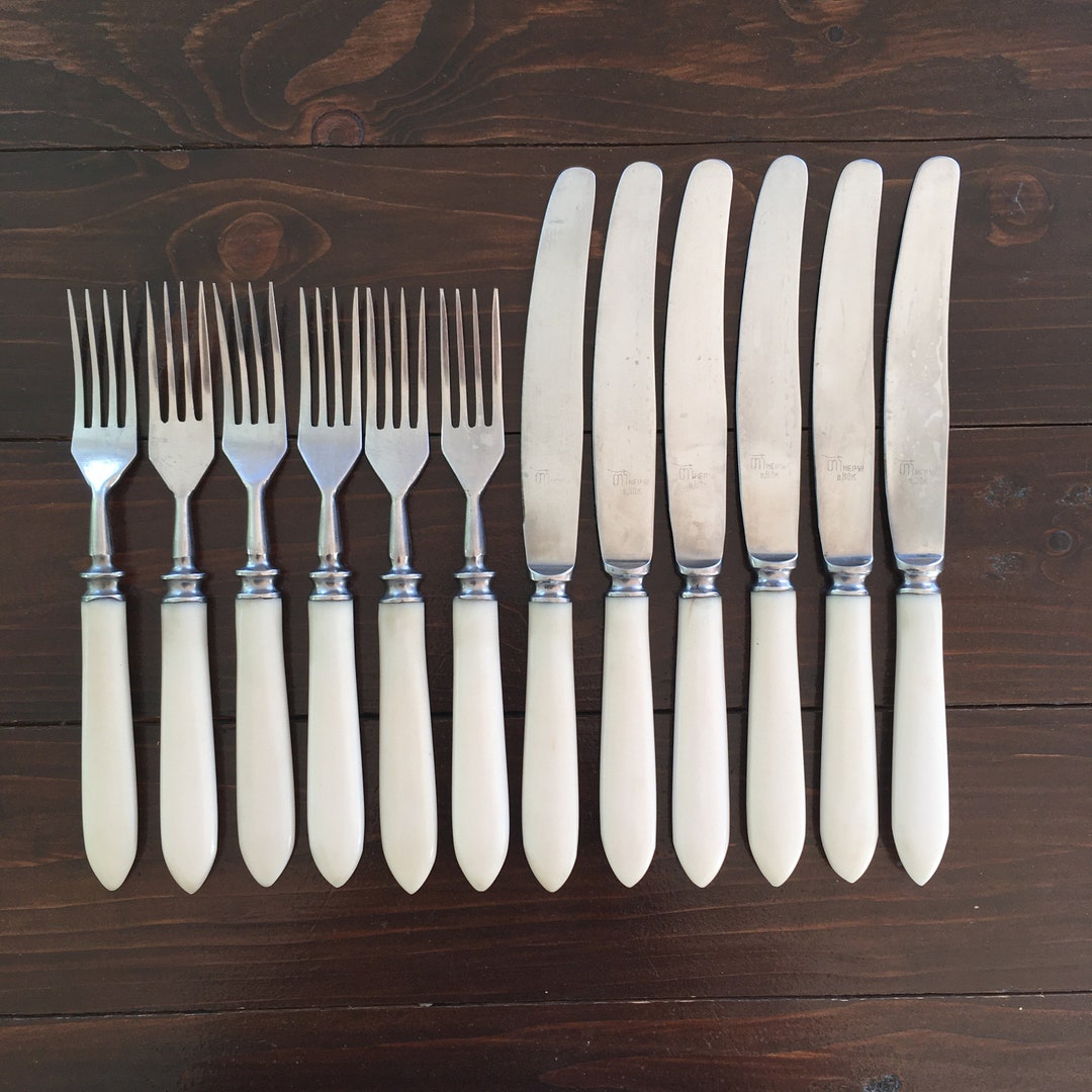 Antique Cutlery Set, Bakelite Flatware, 12 Knives and Forks, Vintage ...