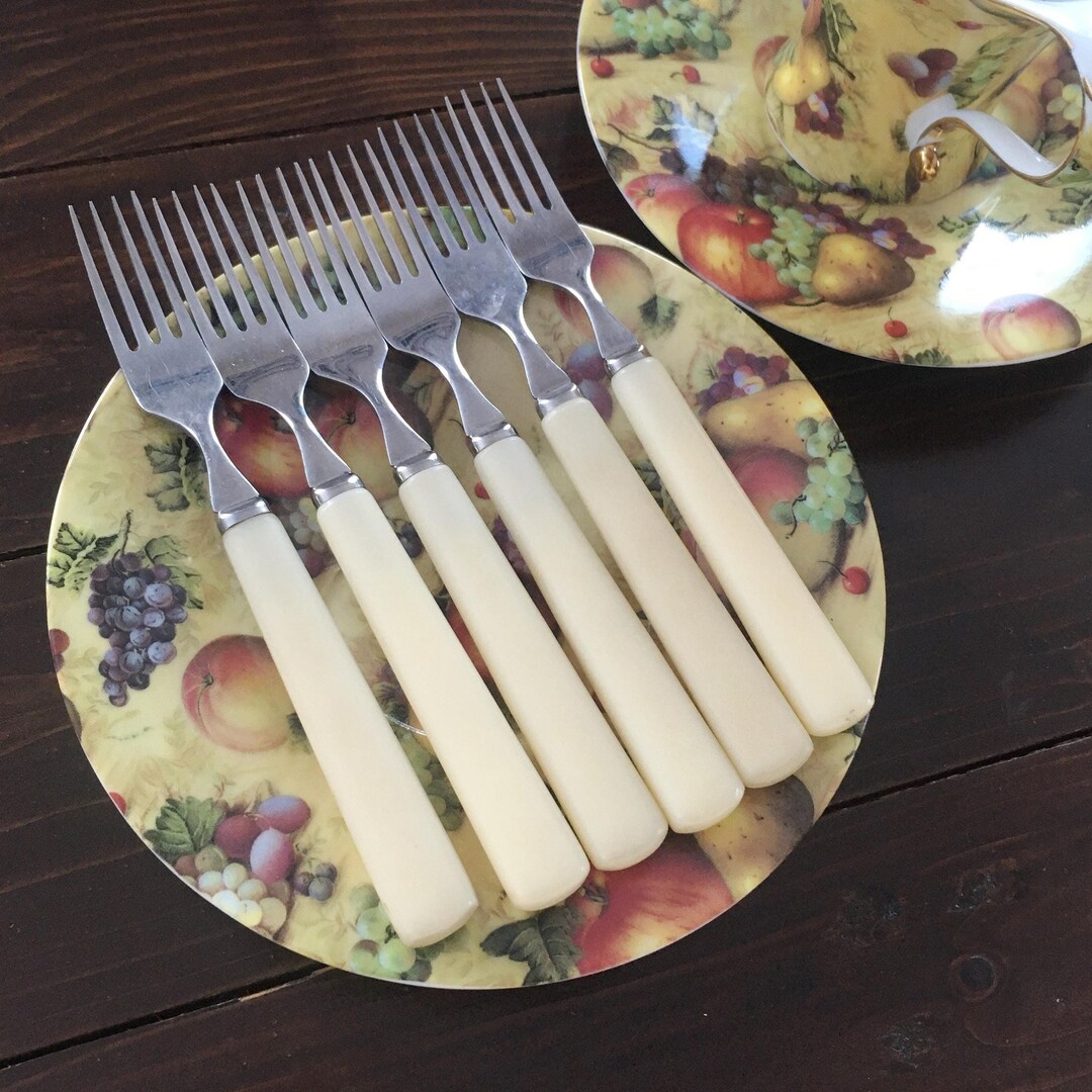 Faux Bone Cake Forks, Set of 6 Small Dessert Forks, Vintage Cutlery ...