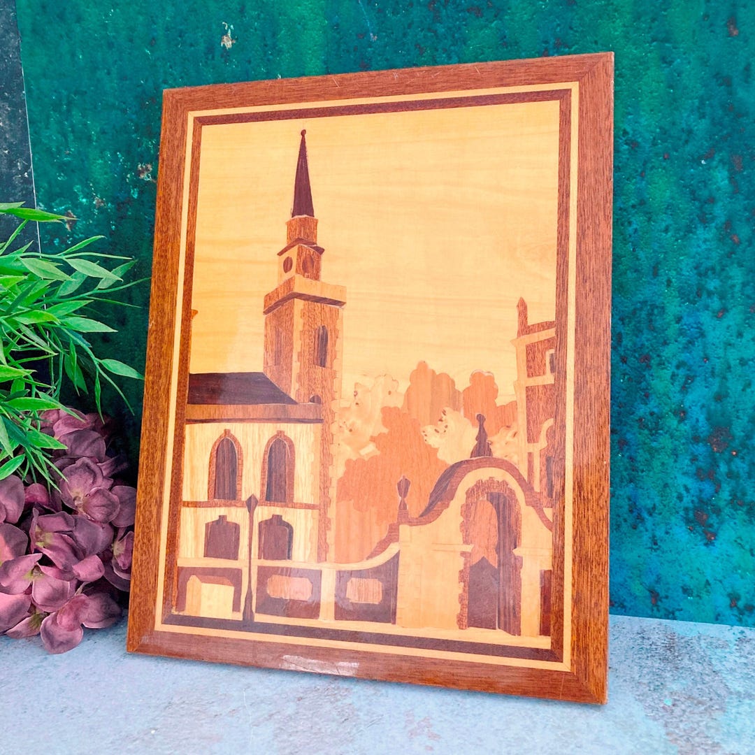 Vintage 1980s USSR Folk Art Wooden Plaque, Marquetry Inlay, Medieval ...