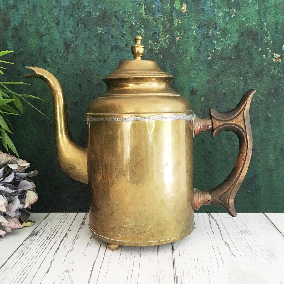 Coffee Pot, Small Copper Tea Kettle, Wooden Handle, Vintage Rustic ...