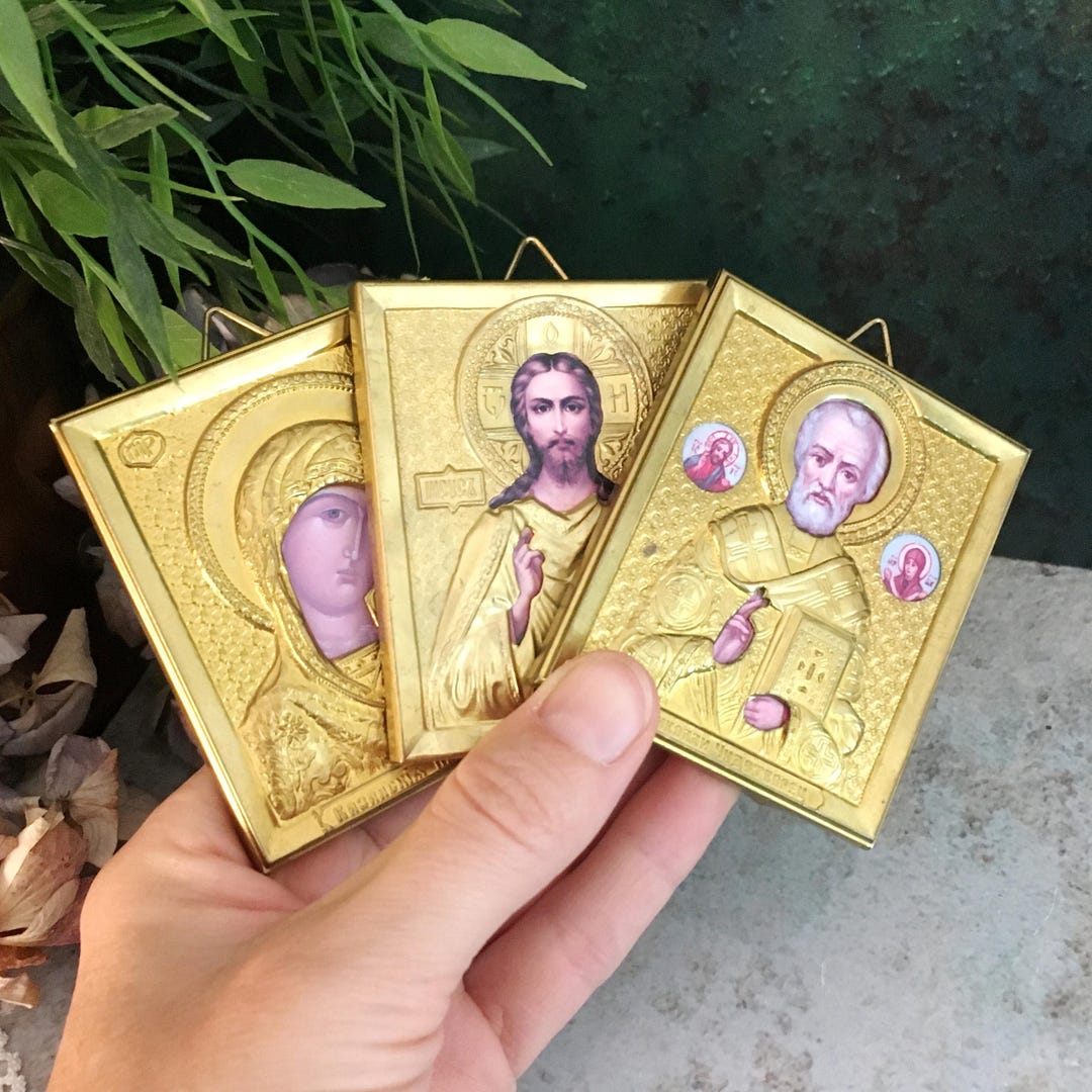 Orthodox Icons, 3 Miniature Gold Icons, Jesus Christ, Our Lady of Kazan ...