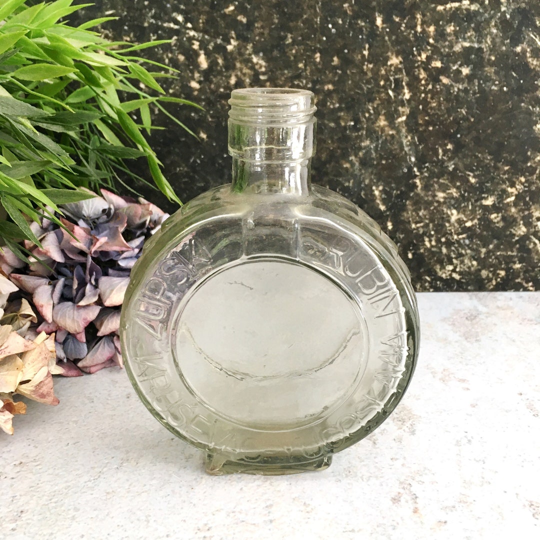 Flat Round Glass Bottle 1960s Vintage Clear Glass Brandy Bottle ...